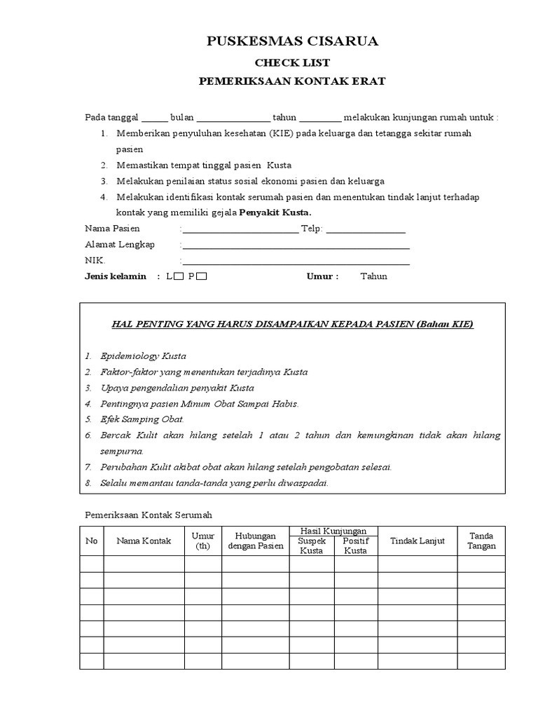 Check List Pemeriksaan Kontak Erat Kusta | PDF