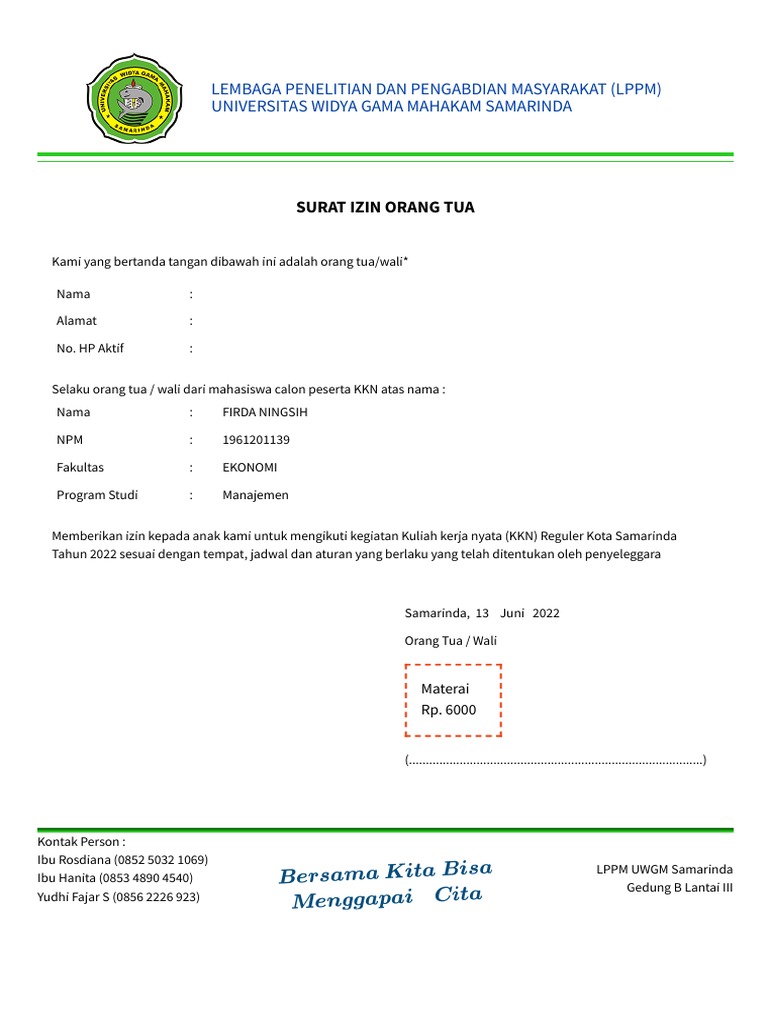 Formulir Pendaftaran KKN Uwgm - 2022 | PDF