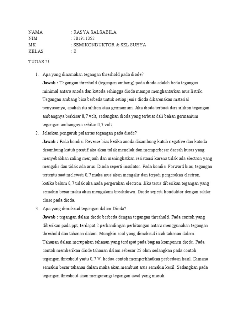 Rasya Salsabila - 201911052 - Tugas 2 Semikonduktor & Sel Surya | PDF | Sains & Matematika