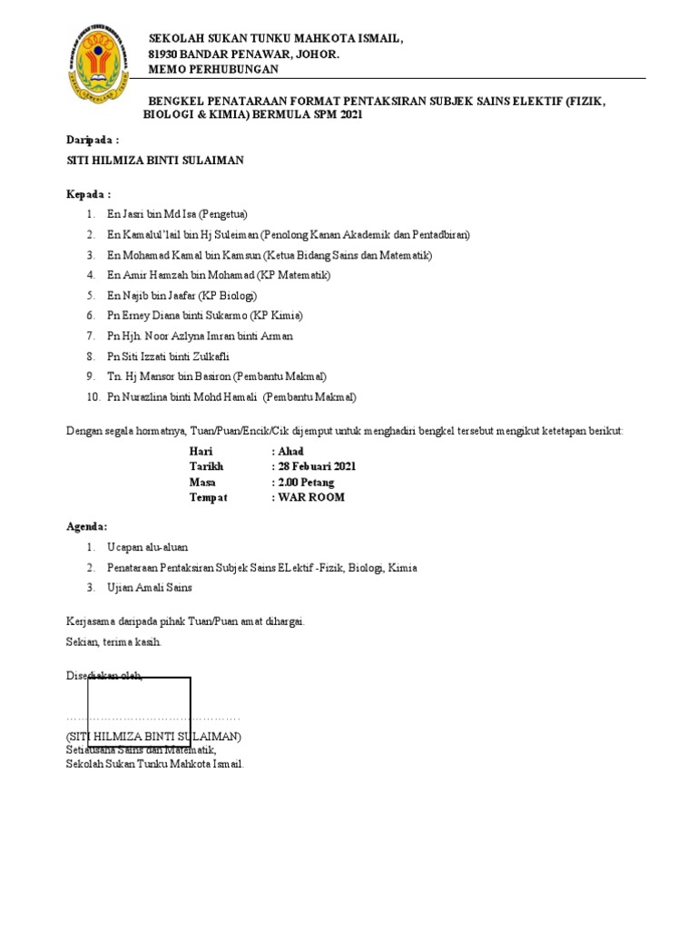 Memo Mesyuarat Bengkel Penataraan PT3 2019 | PDF