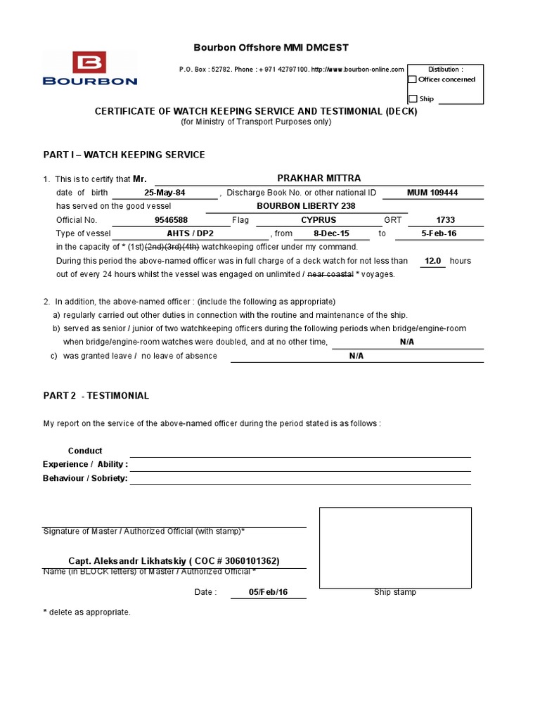 Deck Watchkeeping Certificate for Prahar Mittra | PDF | Freight ...