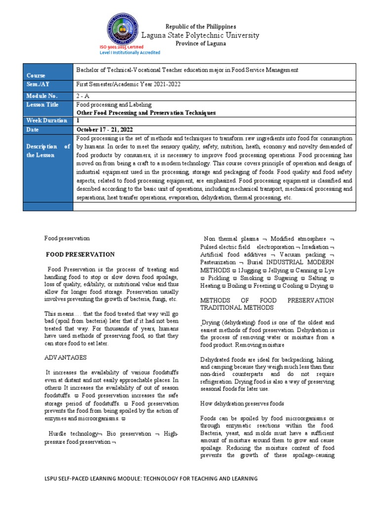 FSM 3 Module 2 - A Other Food Processing and Preservation Techniques CY ...