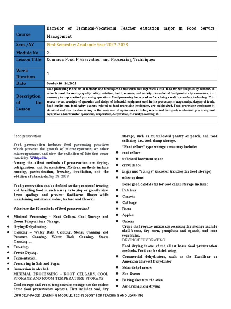 FSM 3 Module 2 Common Food Preservation Techniques 2022-23 | PDF | Food ...