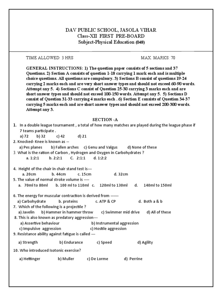 Class XII First Pre Board (2022-23 November) DAV | PDF | Strength Training | Determinants Of Health