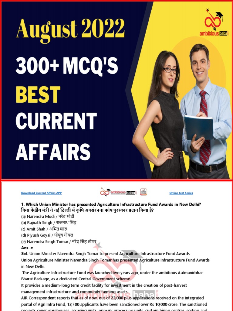 Best 300 Current Affairs MCQs August 2022 by Ambitious Baba | PDF ...