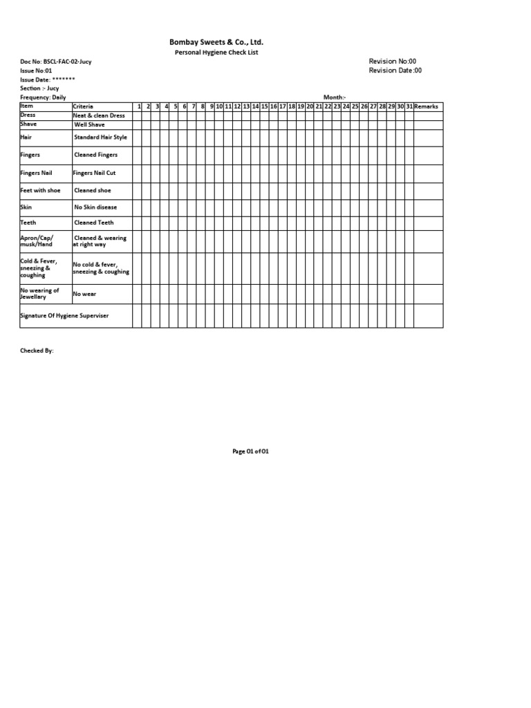 Personal Hygiene Check List | PDF