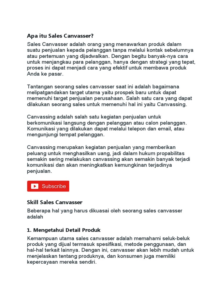 Memahami Sales Canvasser dan Strateginya | PDF