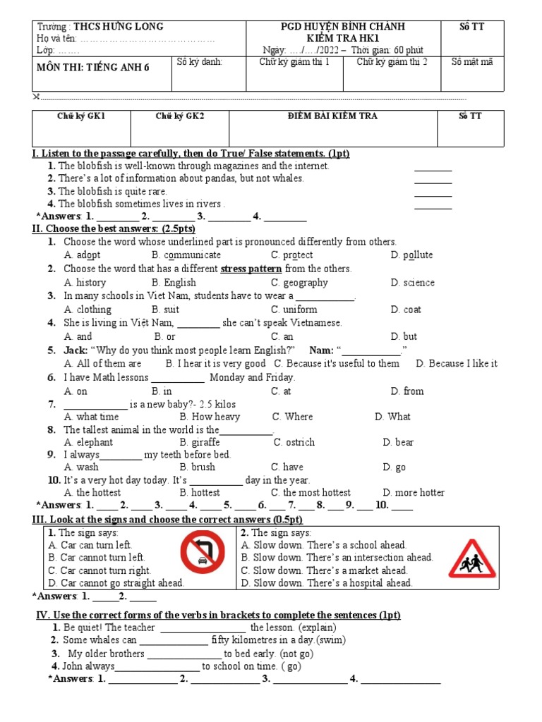 ĐỀ KT HK1 TA 6 - HƯNG LONG | PDF