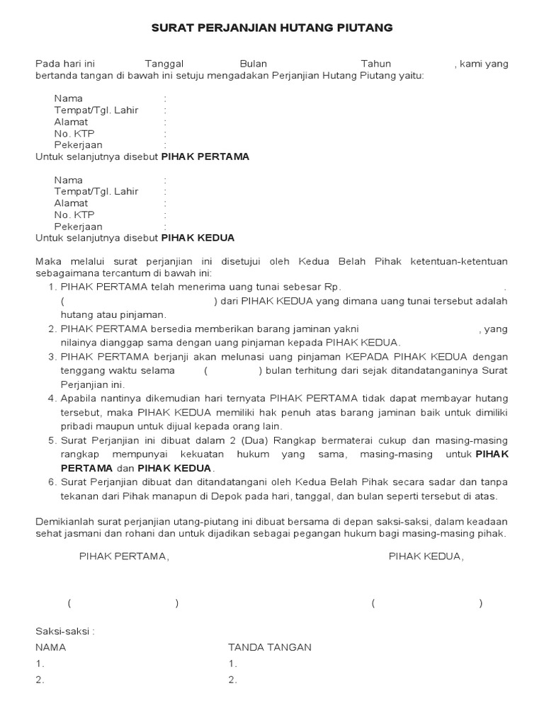 Surat Perjanjian Hutang Piutang | PDF