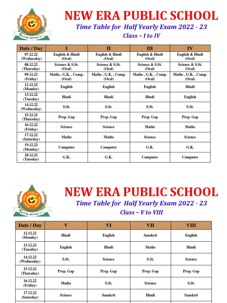 New Era Public School Half Yearly Exam 2022-23 Time Table Classes 1-12 ...