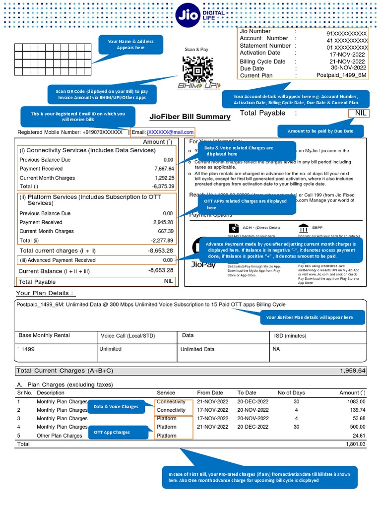 Jio Fiber Bill Overview and Invoice Details | PDF | Credit Card | Payments