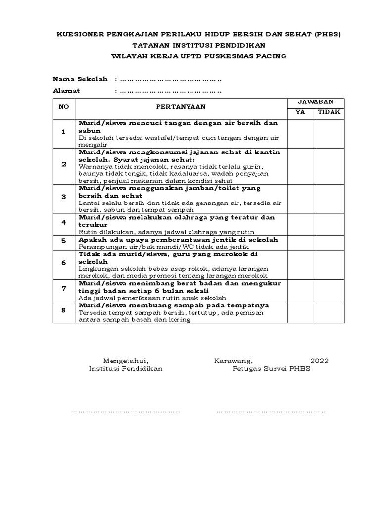 Form PHBS Sekolah | PDF
