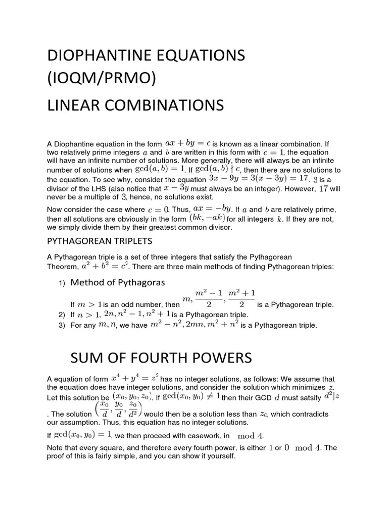 Diophantine Equations (Ioqm/Prmo) Linear Combinations: Sum of Fourth Powers | PDF | Equations ...