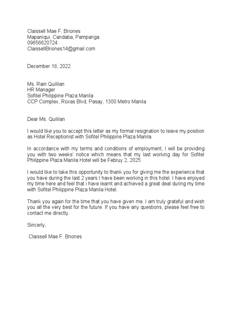 Two Weeks Notice: Resignation Letter from Claissell Mae F. Briones as ...