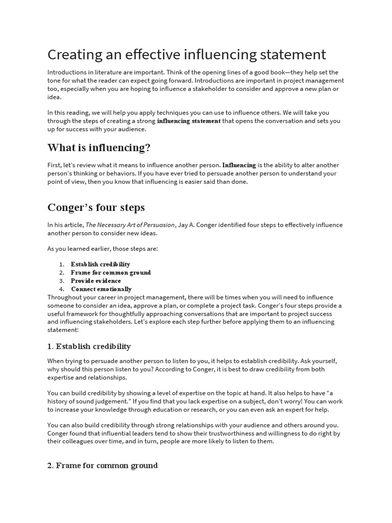 Creating An Effective Influencing Statement | PDF | Expert | Credibility