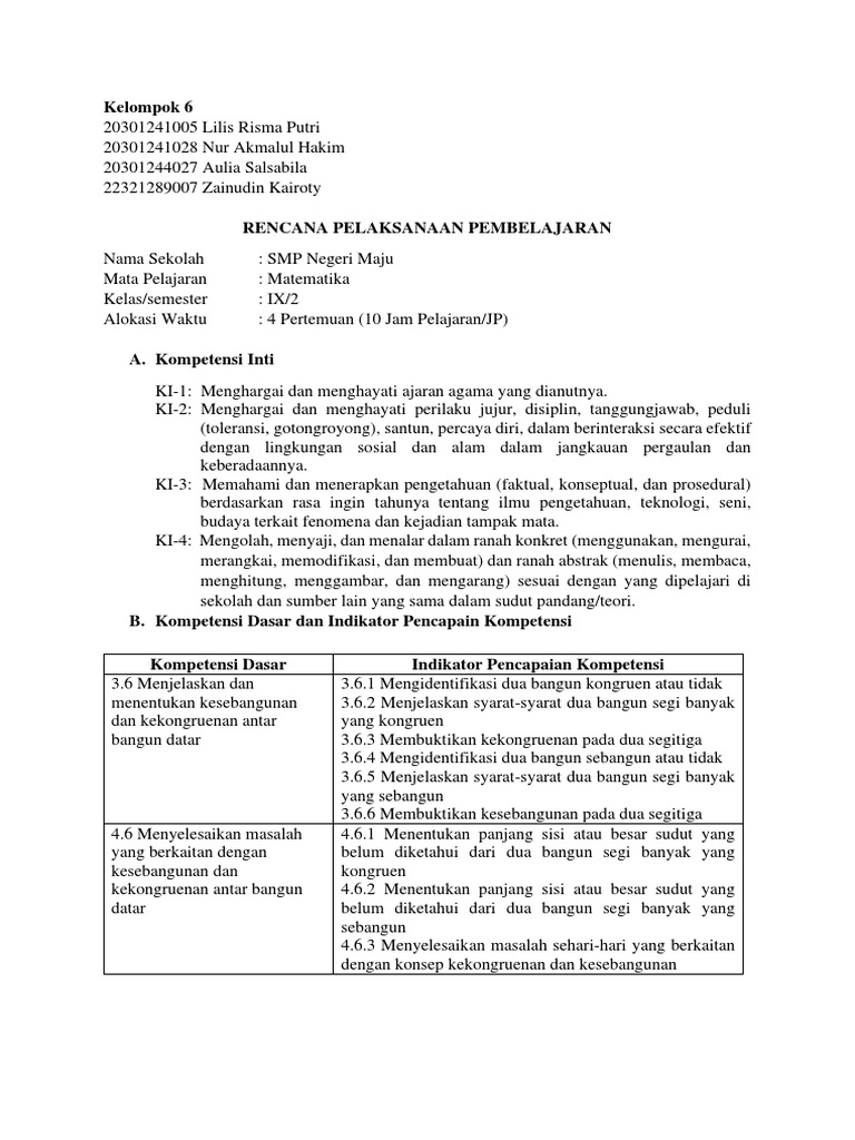 Kelompok 6 RPP Kekongruenan Dan Kesebangunan Versi 23 Okt 2022 & LKPD | PDF | Metode & Bahan ...