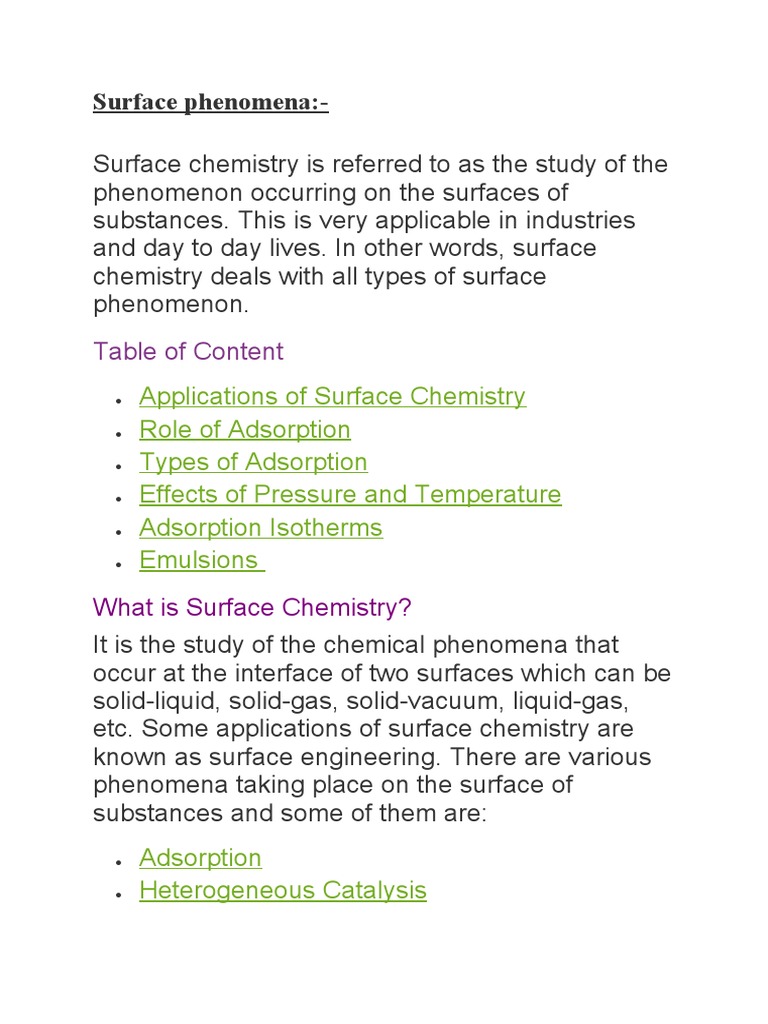 Overview of Surface Chemistry Concepts | PDF | Adsorption | Emulsion