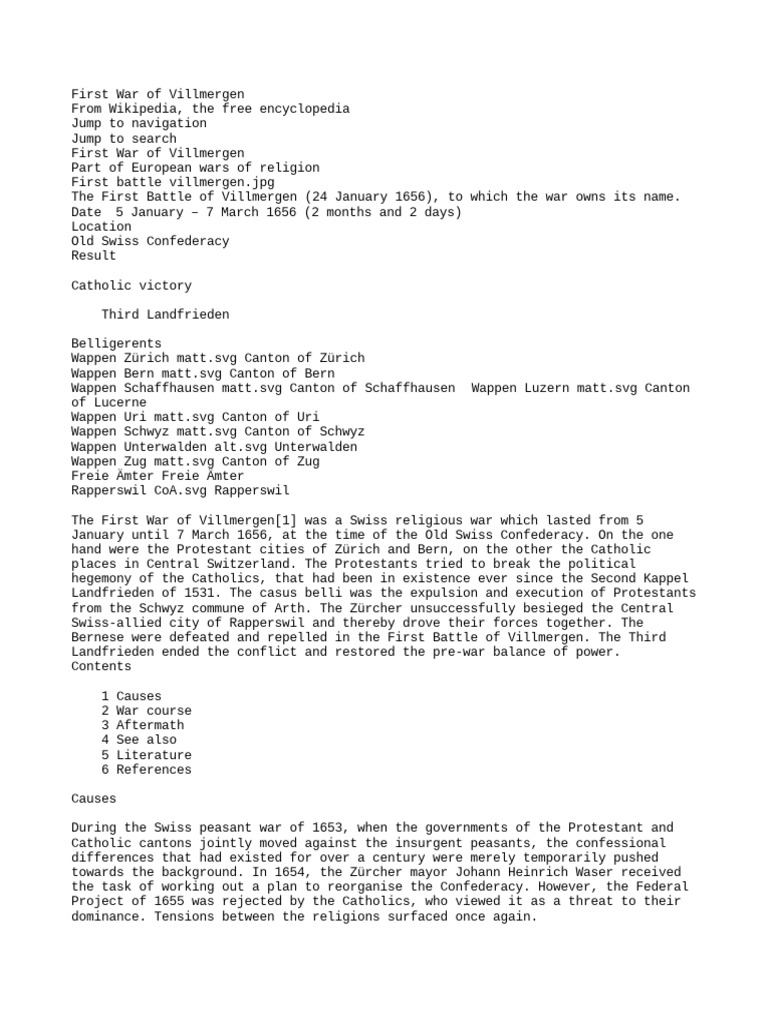 First_War_of_Villmergen | PDF | Conflicts | 2nd Millennium Conflicts