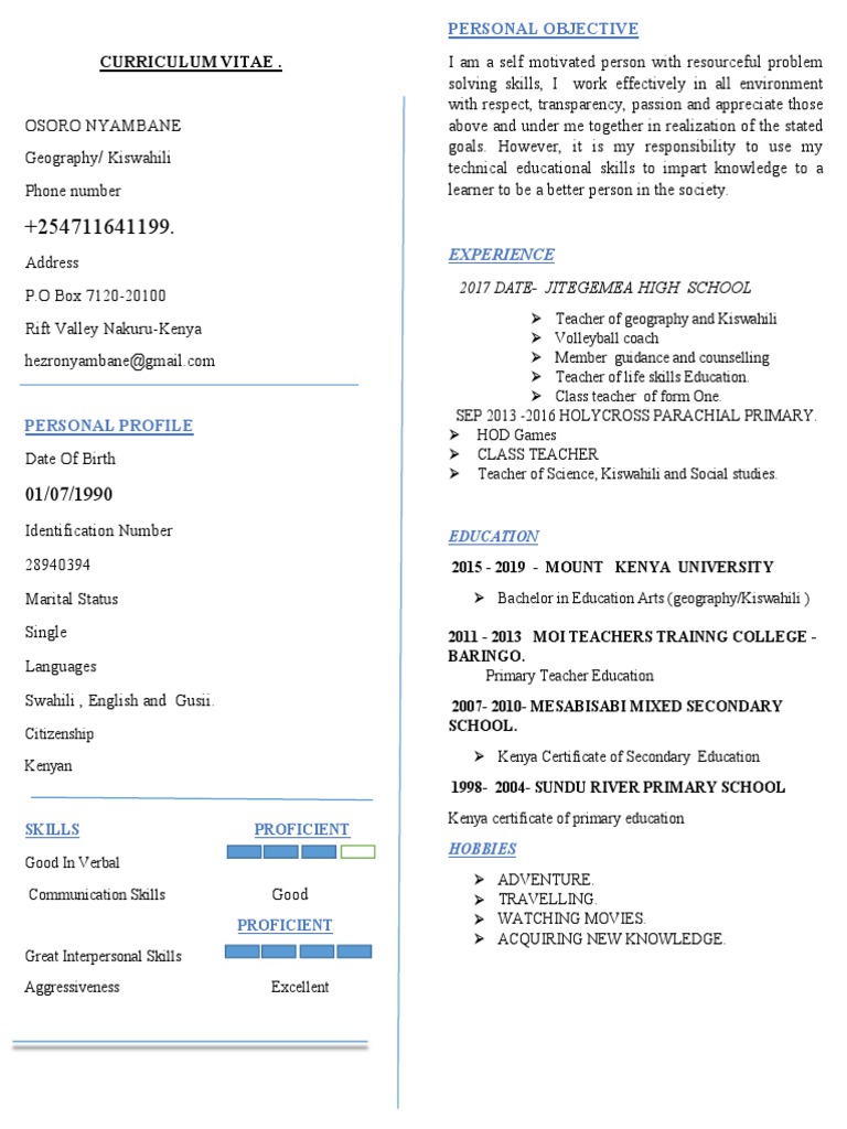 Osoro Nyambane Cv. | PDF | Kenya | Teachers