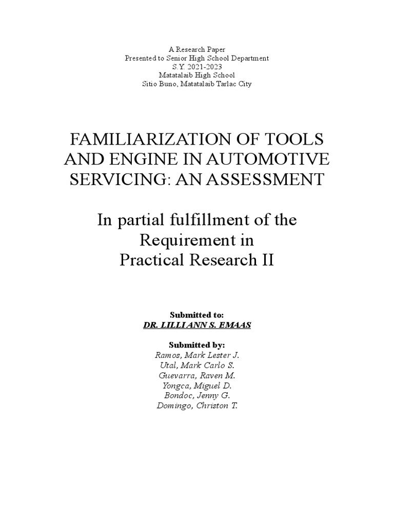 Chapter 1 Familiarization of Tools and Engine in Automotive Servicing ...