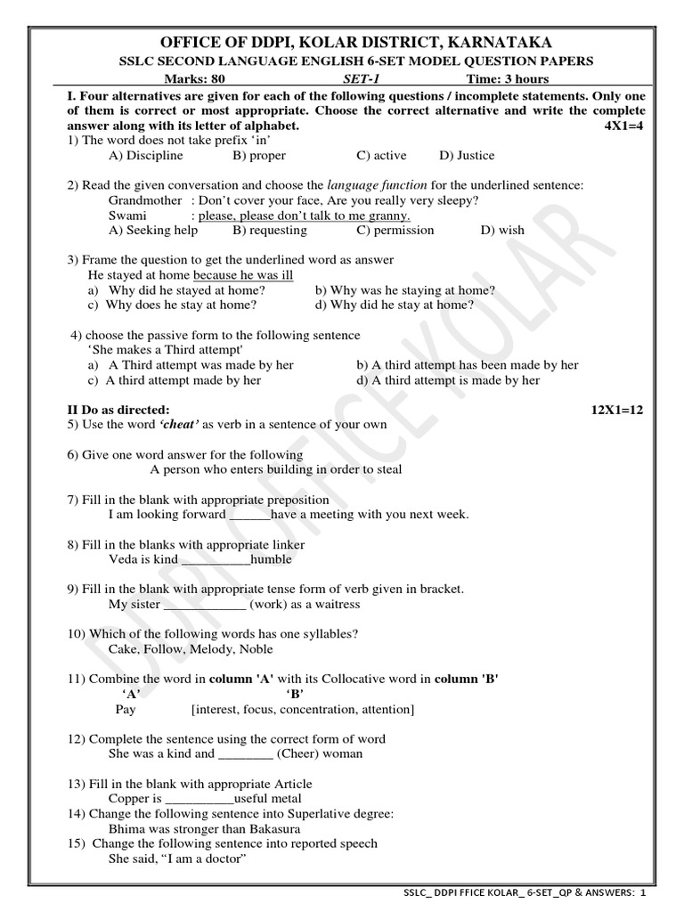 SSLC Model Question Papers for English | PDF | English Language | Question