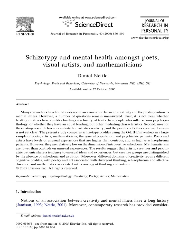 Schizotyphy and Mental Health Amongst Poets, Visual Artistis, and Mathematicians | PDF ...