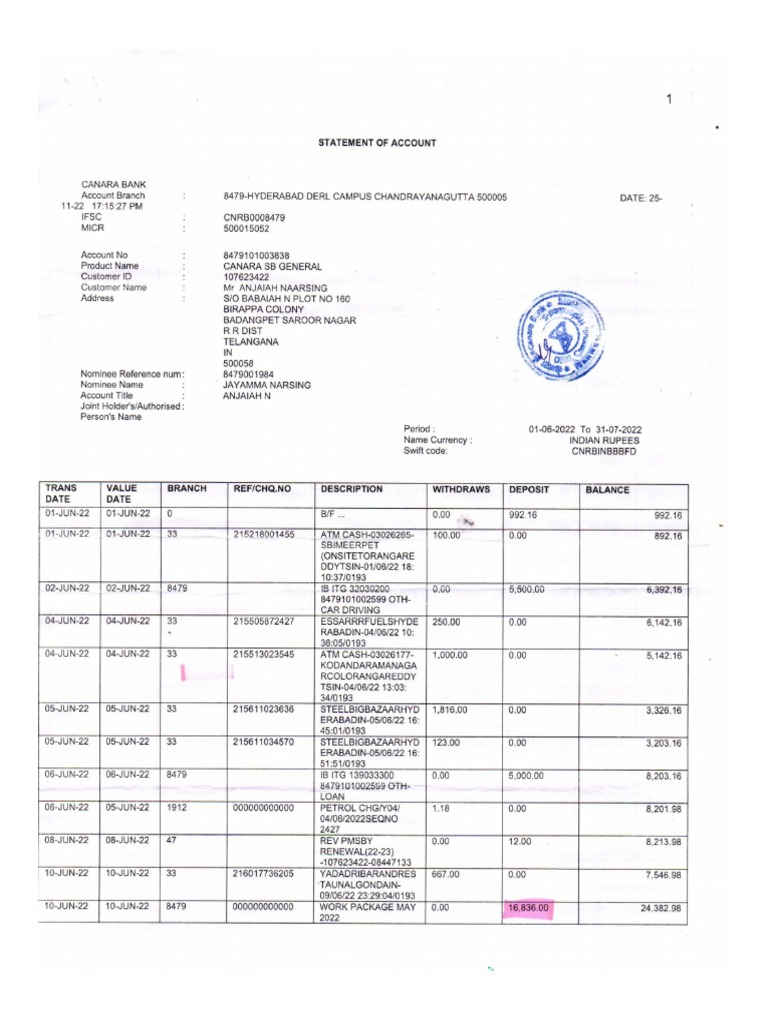 Canara Bank Statement | PDF