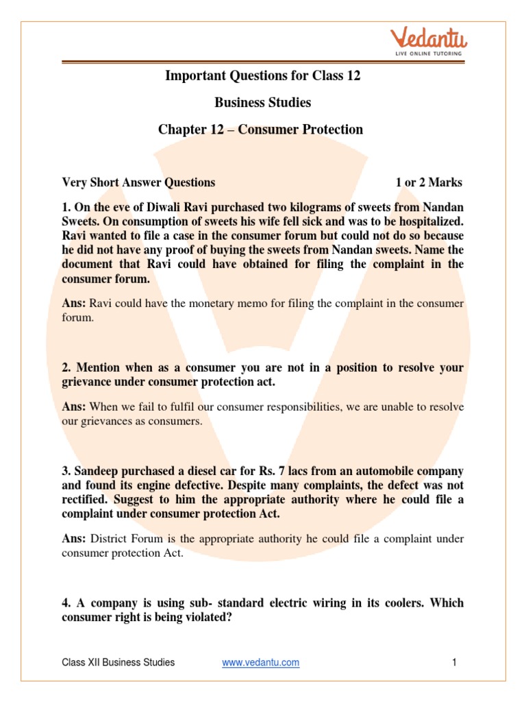 Important Questions For CBSE Class 12 Business Studies Chapter 12 | PDF ...