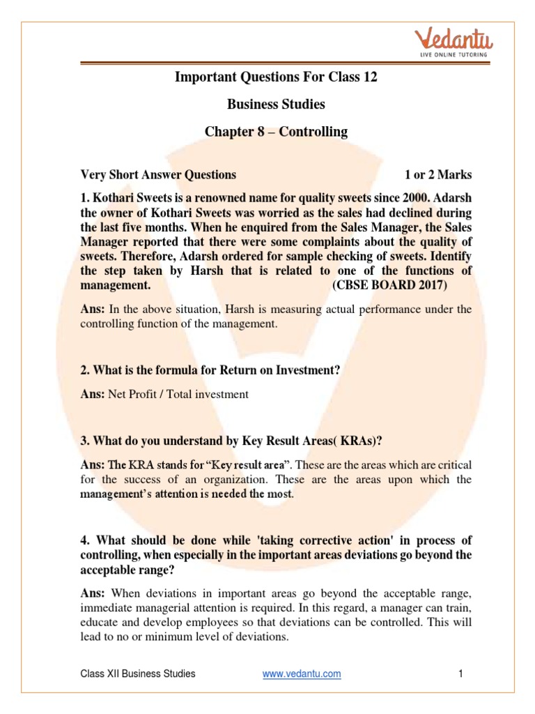 Important Questions For CBSE Class 12 Business Studies Chapter 8 | PDF | Goal | Budget