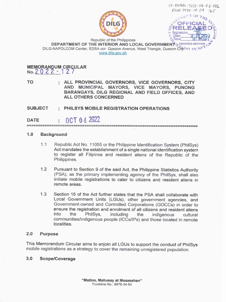 2022 10 04 - Dilgco - Memorandum Circular No 2022 127 Re Philsys Mobile ...