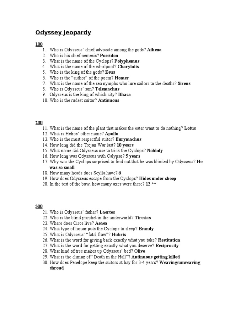 Odyssey Jeopardy | PDF | Odysseus | Odyssey