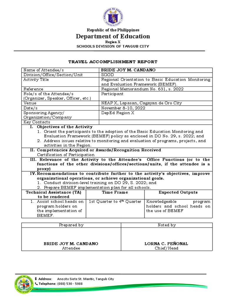 Travel-Accomplishment-Report Cdo New | PDF | Evaluation | Monitoring ...