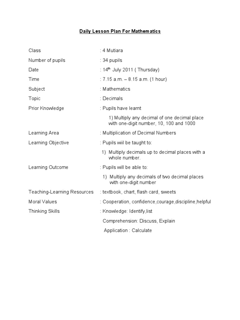 Daily Lesson Plan For Mathematics - Decimal-Multiplication | Download ...
