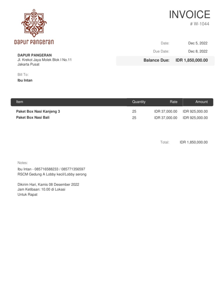 Invoice Dapur Pangeran untuk Ibu Intan | PDF