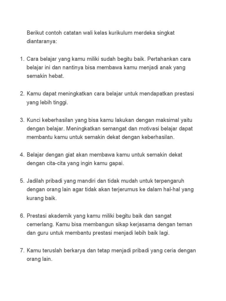 Berikut Contoh Catatan Wali Kelas Kurikulum Merdeka Singkat Diantaranya ...