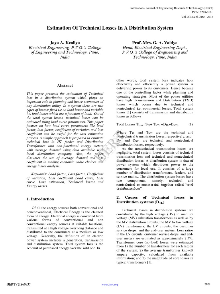 Estimation Of Technical Losses In A Distribution System Ijertv2is60937 Pdf Coefficient Of