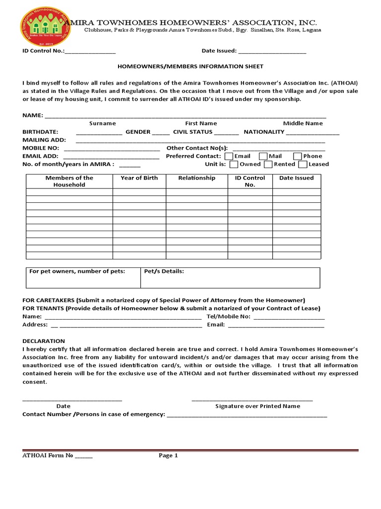 Registration Form for Residents and Homeowners of Amira Townhomes ...