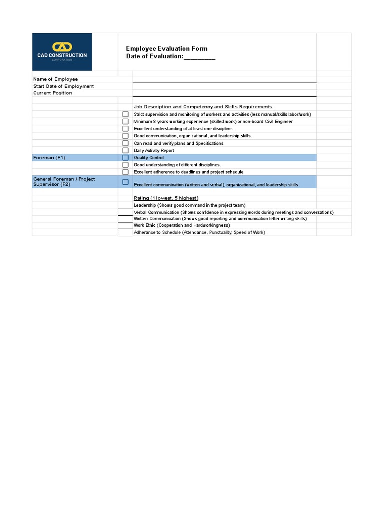 CAD Employee Evaluation - Construction Group - Project Foreman | PDF