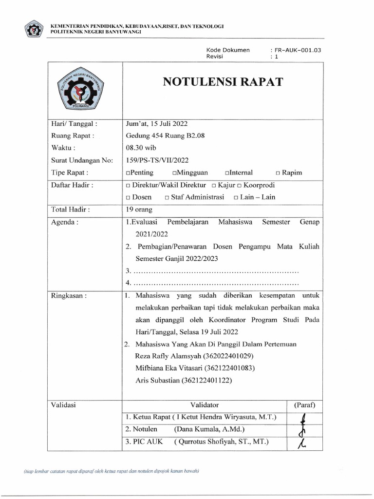 Notulensi Rapat Kenaikan Semester Genap 2021 2022 | PDF