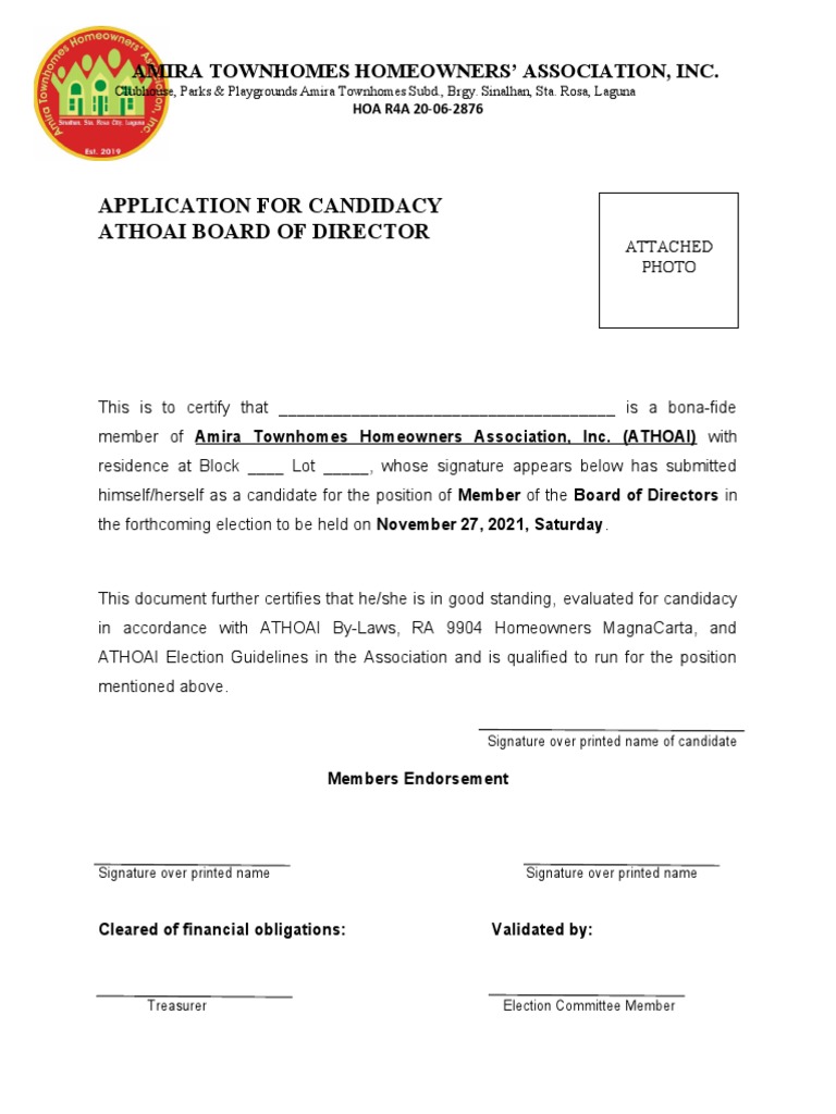 HOA Board Candidacy Application Form | PDF | Law