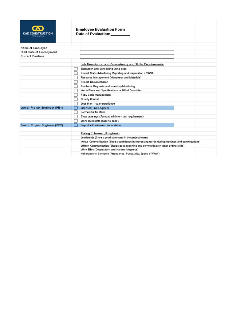 CAD Employee Evaluation - Construction Group - Project Engineer | PDF
