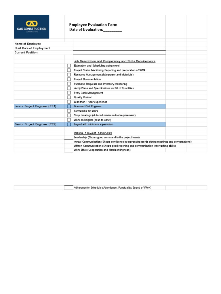 CAD Employee Evaluation - Construction Group - Project Engineer | PDF