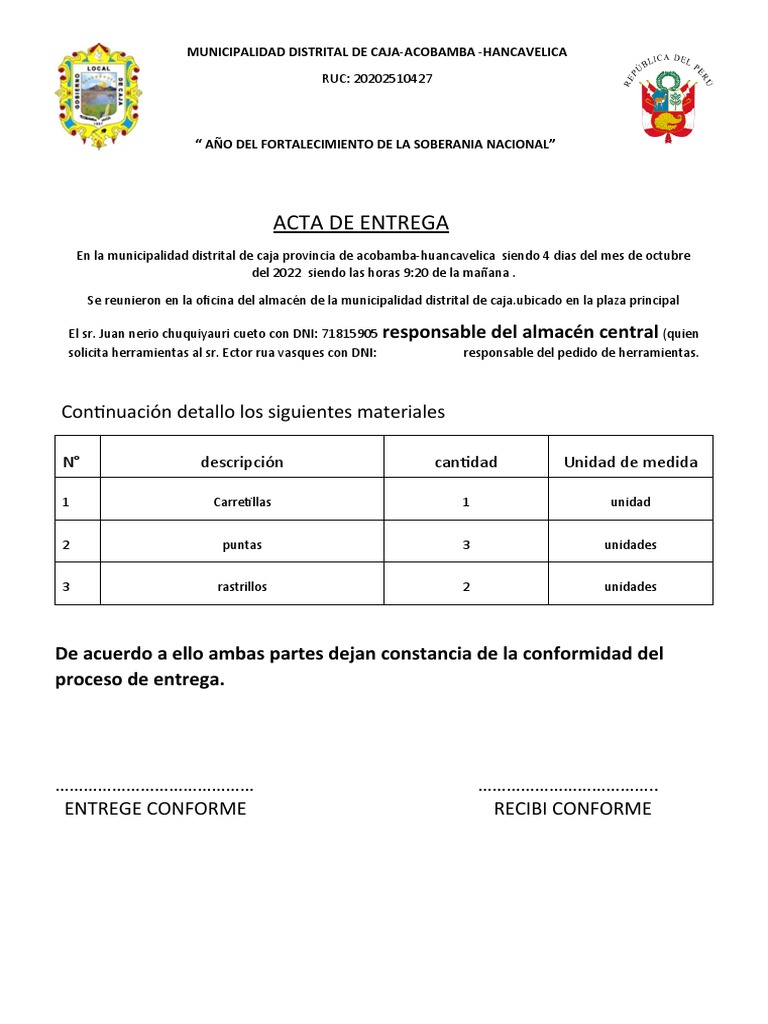 Acta de Entrega | PDF