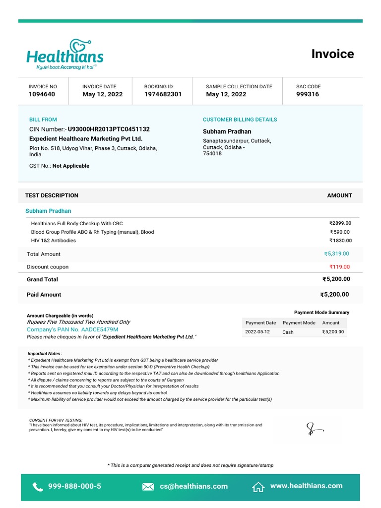 Health Checkup-Shubham-Pradhan | PDF | Invoice | Receipt