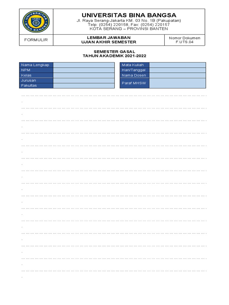 Form Lembar Jawaban UTS 20202 | PDF