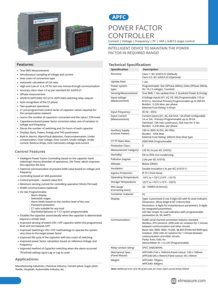 Elmeasure Automatic Power Factor Controller Catalog | PDF | Capacitor | Relay