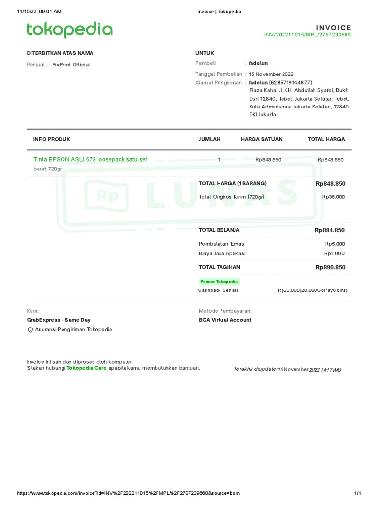 Invoice Tokopedia Tinta EPSON 673 | PDF