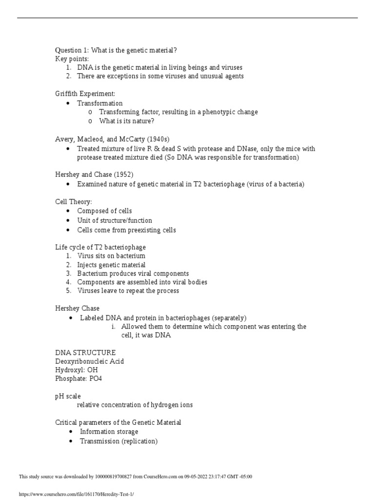 Heredity Test 1 | PDF | Translation (Biology) | Dna