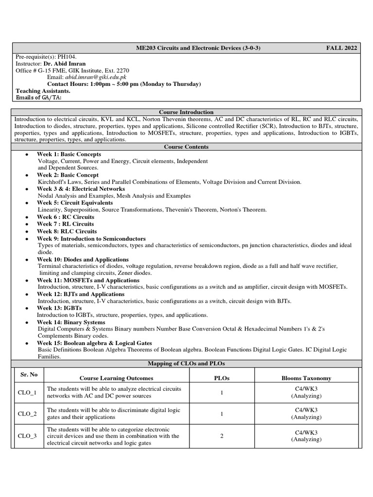 ME 203, Circuits and Electronic Devices (Fall 2022) | PDF | Electrical ...