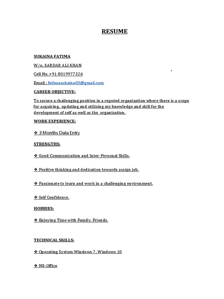 A Resume Showcasing Sukaina Fatima's Career Objective, Work Experience ...
